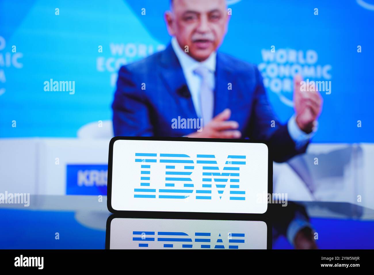 IBM company logo in front of CEO Arvind Krishna. Dec 6, 2024 Stock ...
