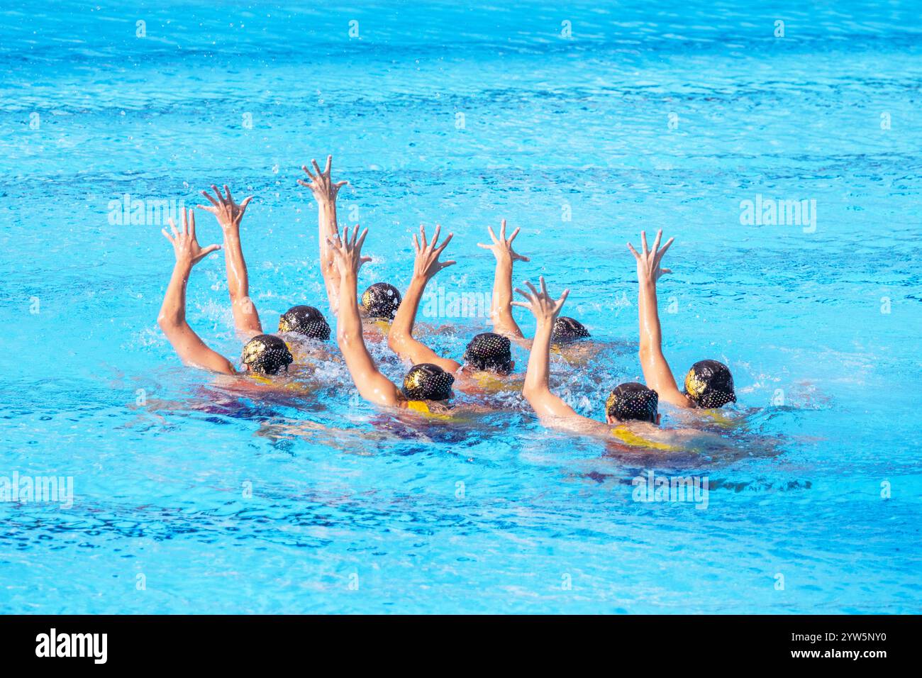 Synchronized swimming team performing artistic swimming in the swimming ...