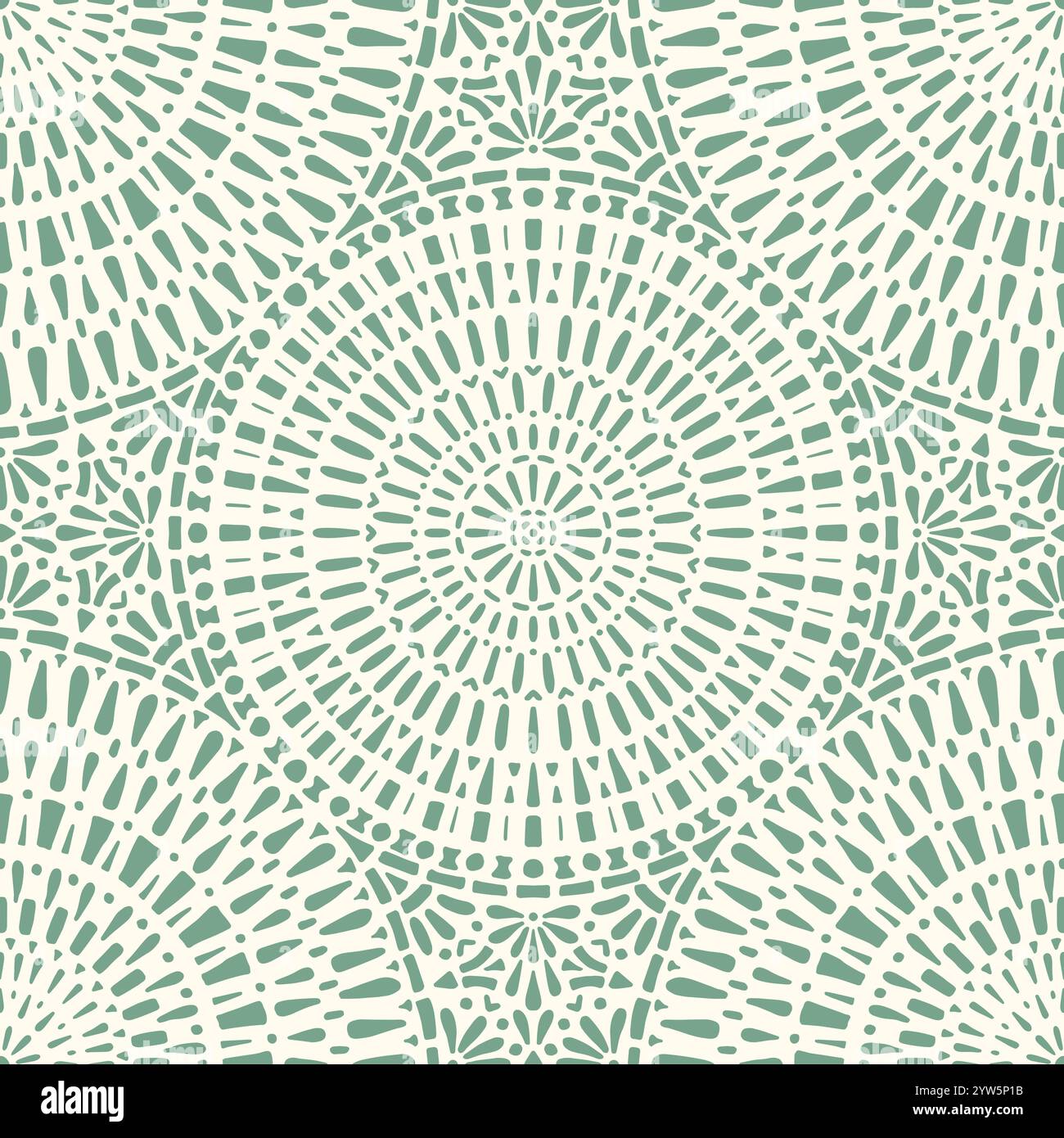 Seamless vector pattern with intricate circle mandala, green on white, textile, scrapbook ...