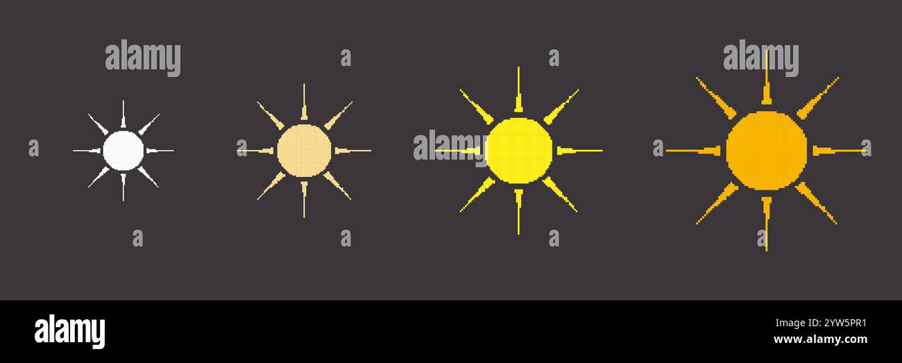 Yellow Pixel Sun Icon Set with Radiant Rays. Vintage Solar Symbol for ...