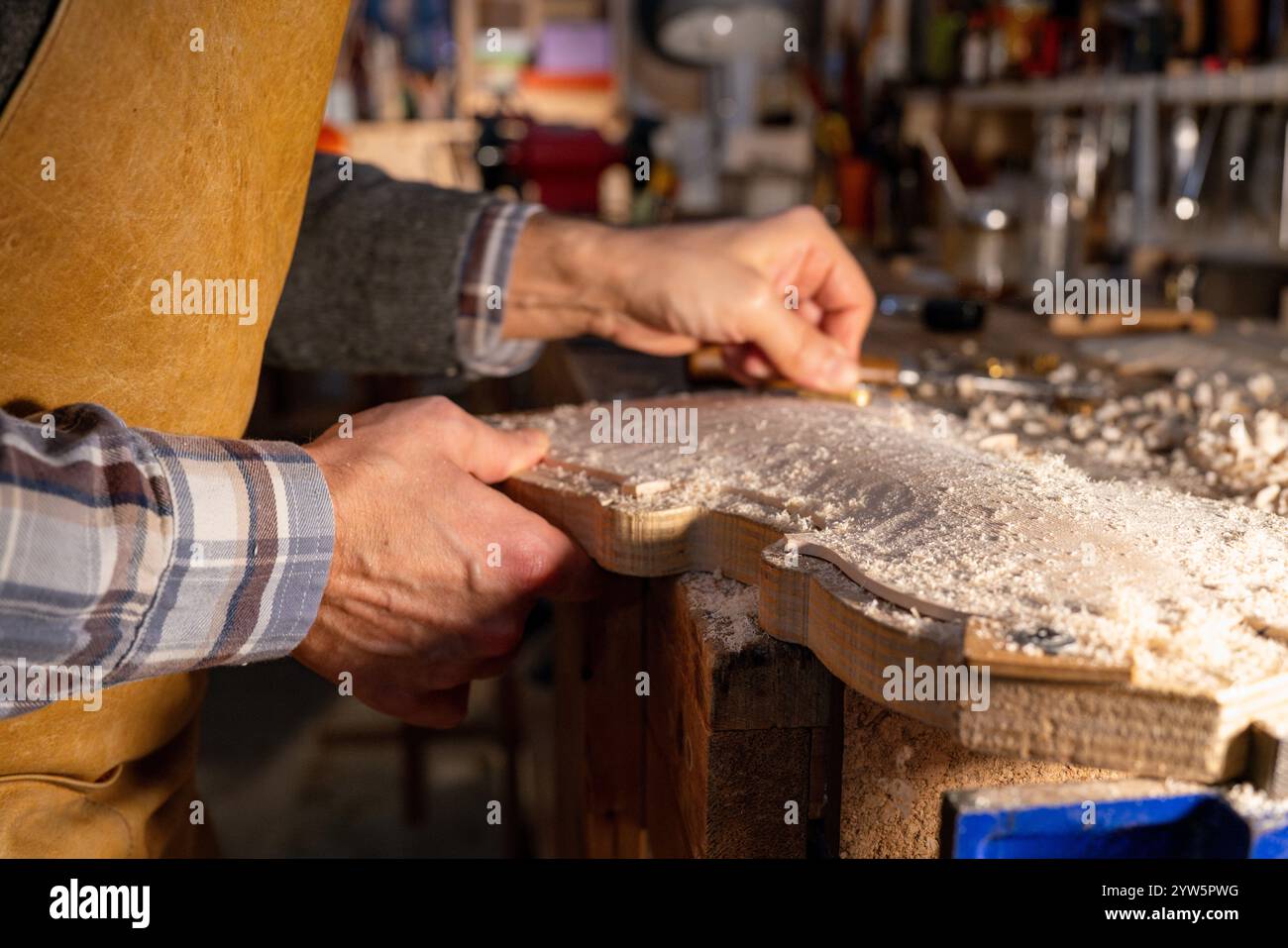 Italian luthier meticulously shapes the soundboard of a violin, using ...
