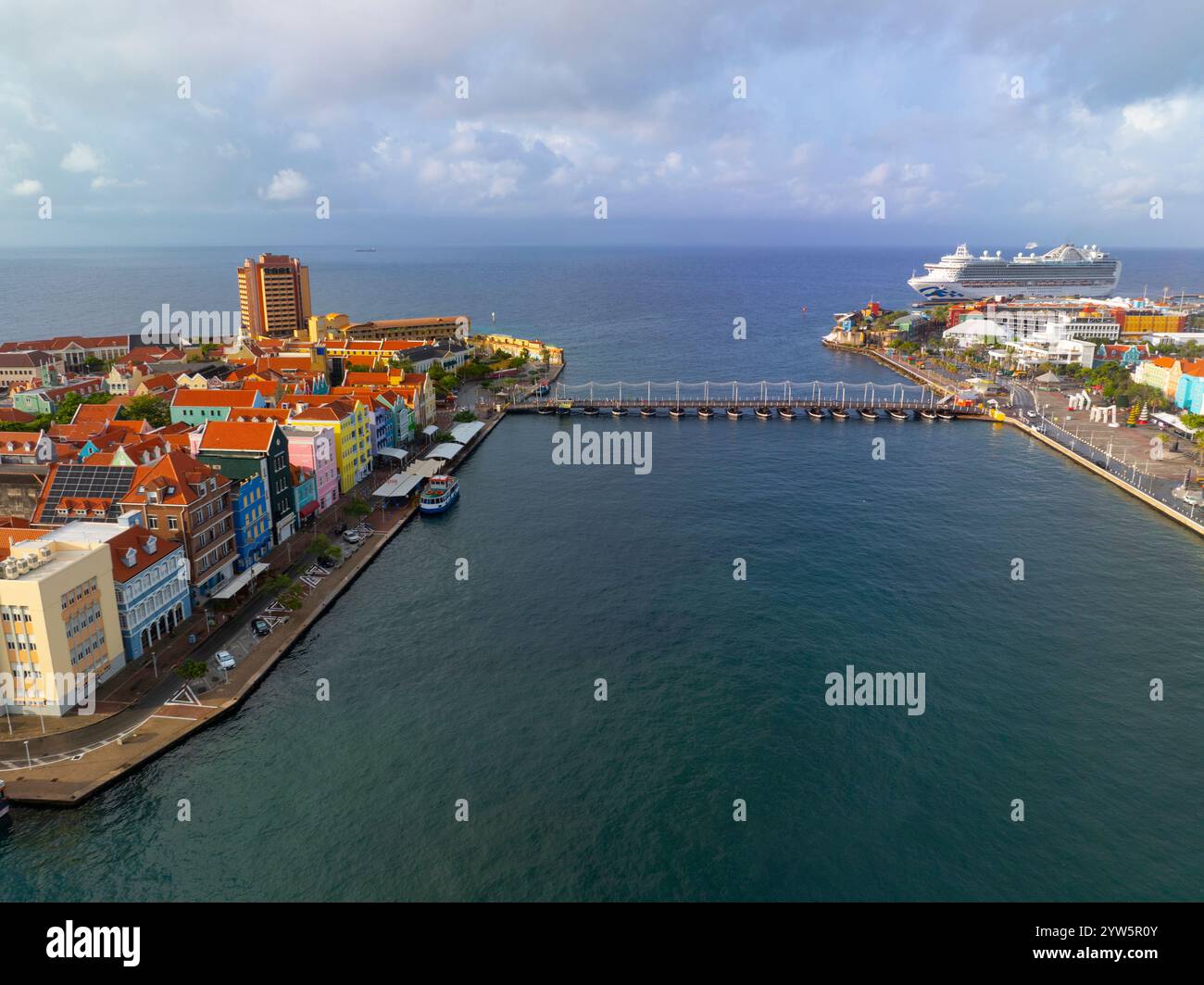 Koningin Emmabrug floating bridge aerial view which connects Punda on ...