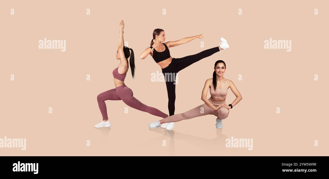 Three women in activewear striking fitness poses on a neutral backdrop ...
