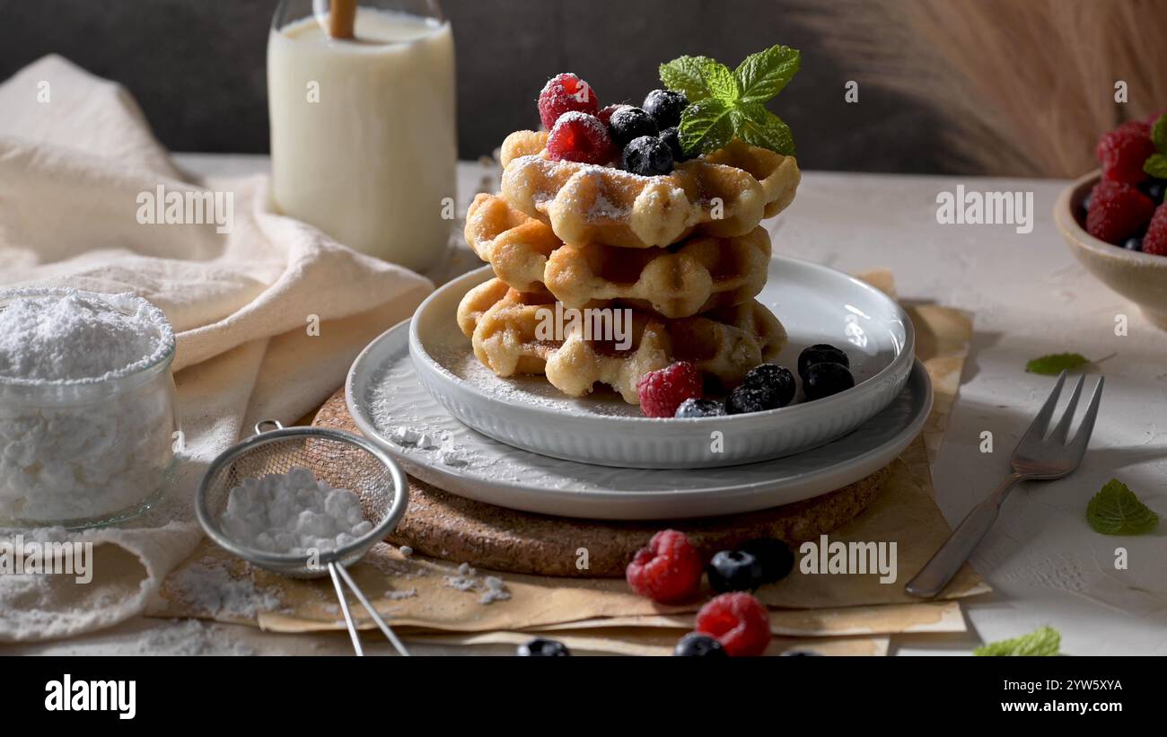 Sweet Homemade Berry Belgian Waffle with Whipped Cream Stock Photo - Alamy