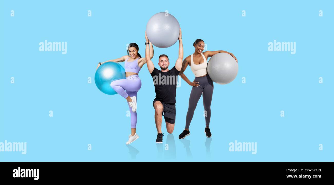 Fitness enthusiasts using exercise balls in a studio setting Stock ...