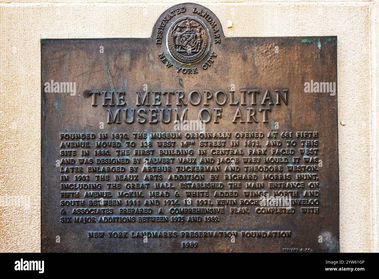 Bronze plaque designating the Metropolitan Museum of Art as New York ...