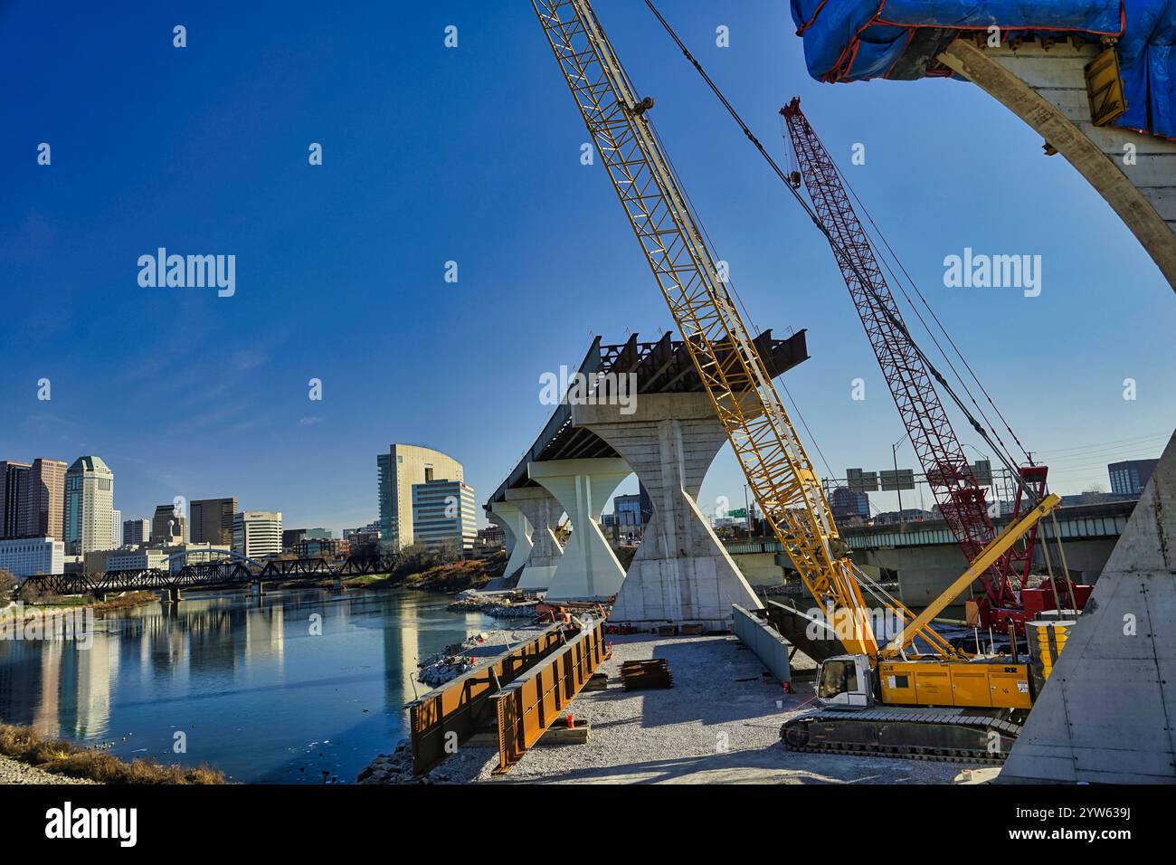 Bridge construction of I70 I71 split in downtown Columbus Ohio winter ...