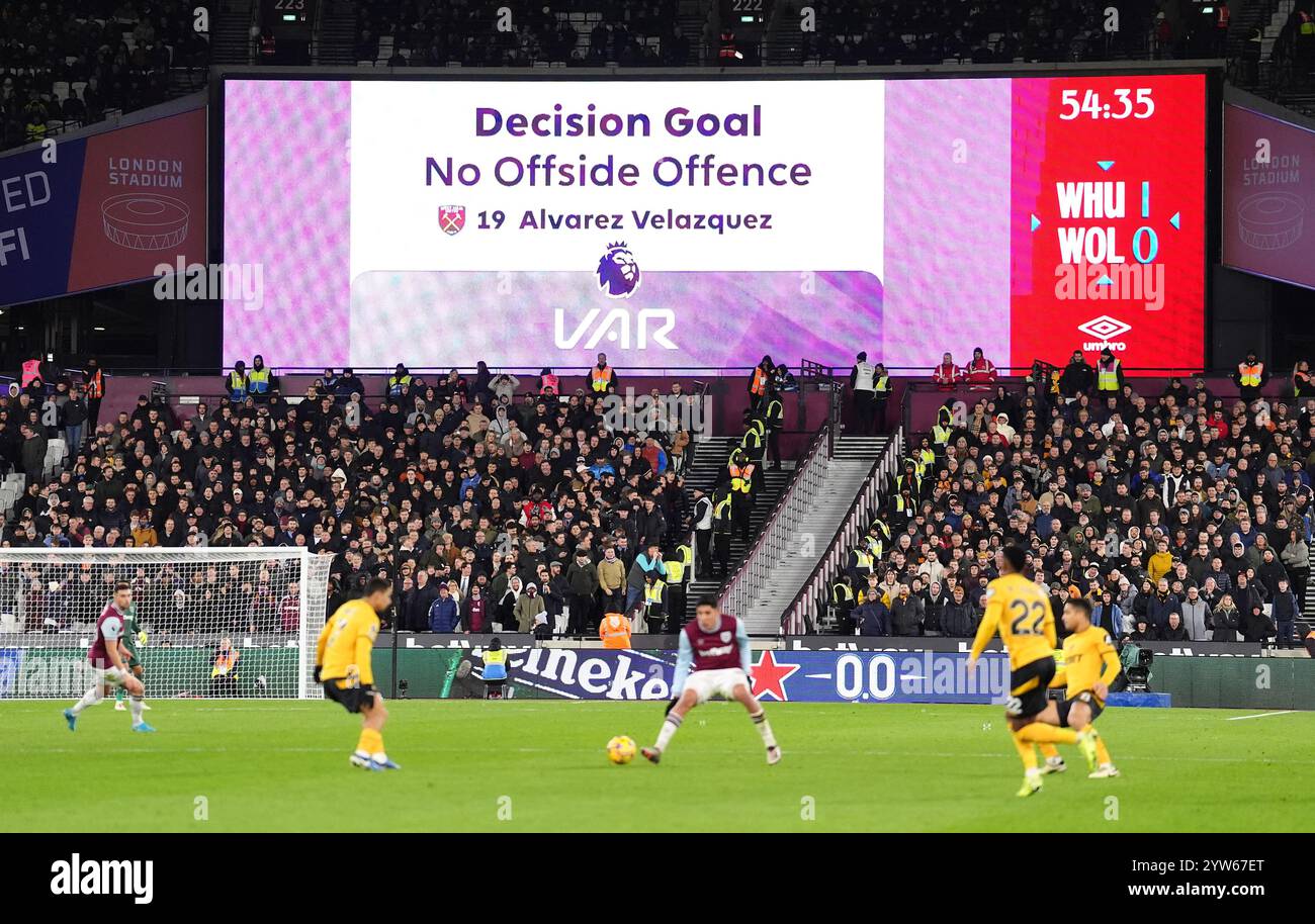 The large stadium screen showing a VAR check for West Ham United's ...