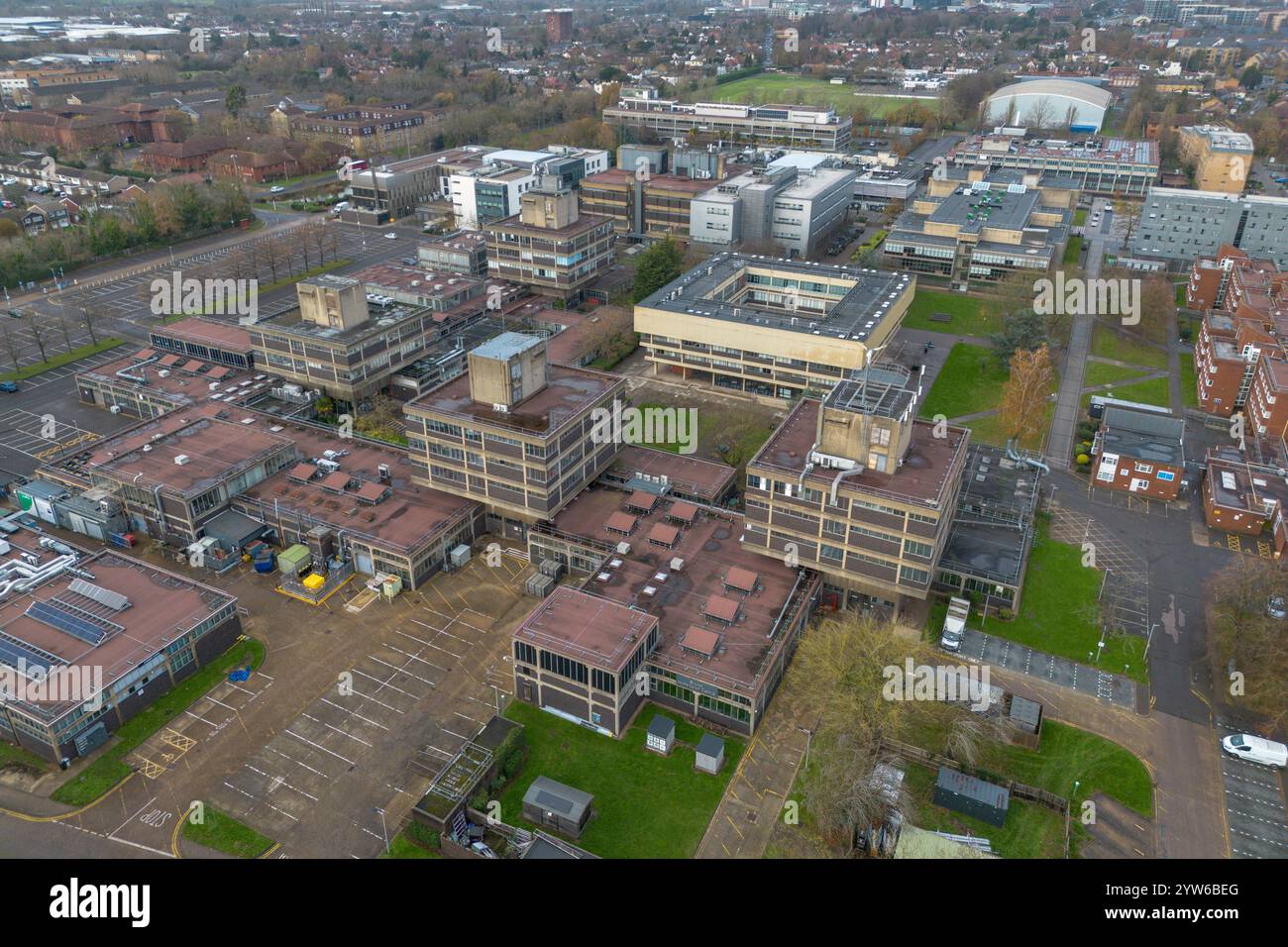 Aerial view of the main academic area (Tower A, B, C, D, Howell) of the Brunel University of ...