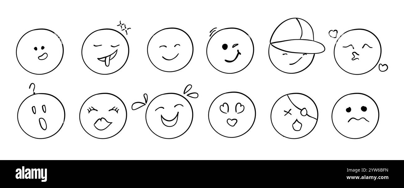 Set of Doodle Emoji Face Icons depicting various emotions including ...