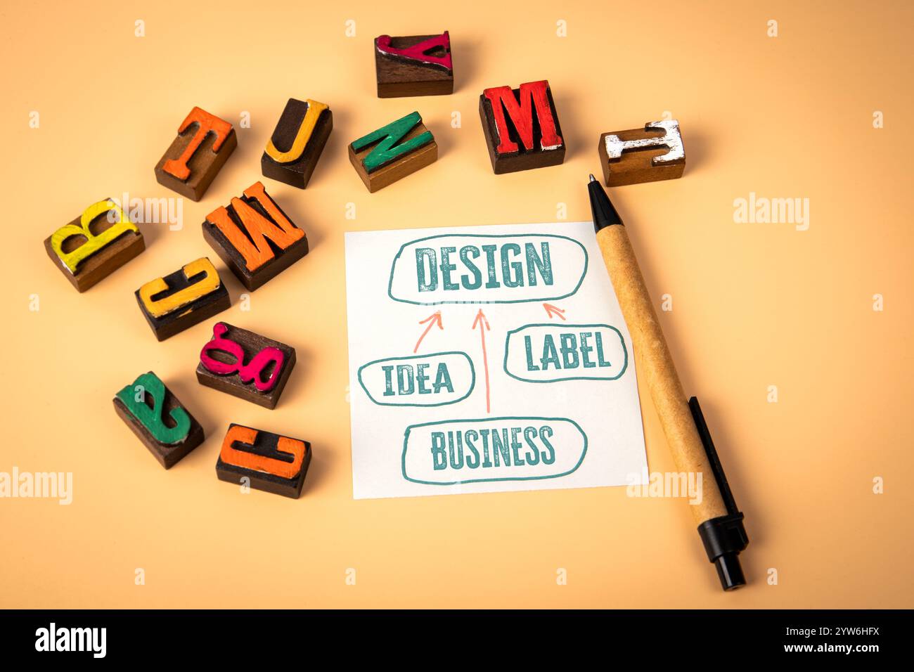 DESIGN Concept. Notepad and wooden alphabet letters on a light ...