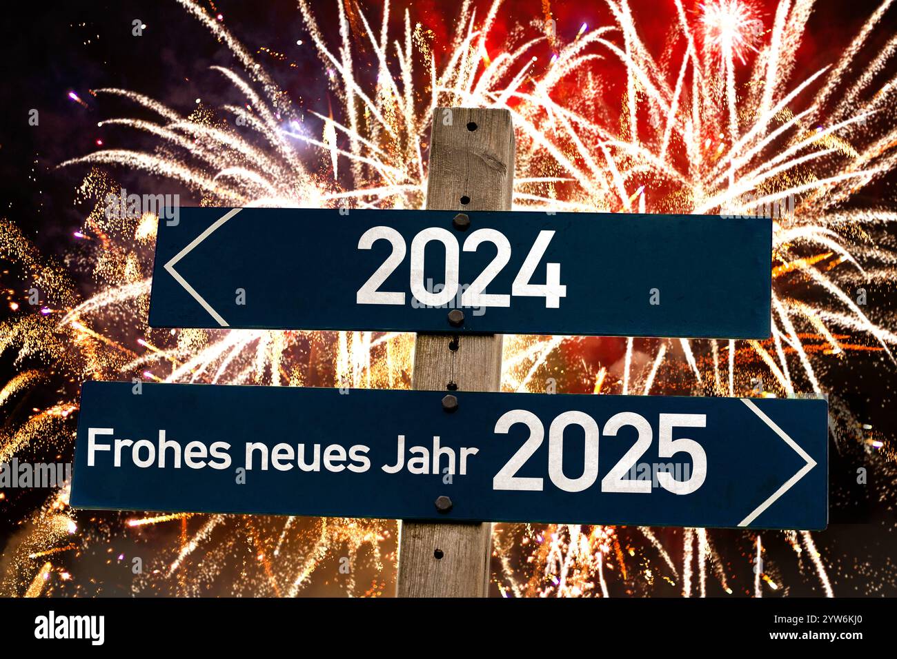 December 9, 2024: Night sky with fireworks and a signpost with the ...