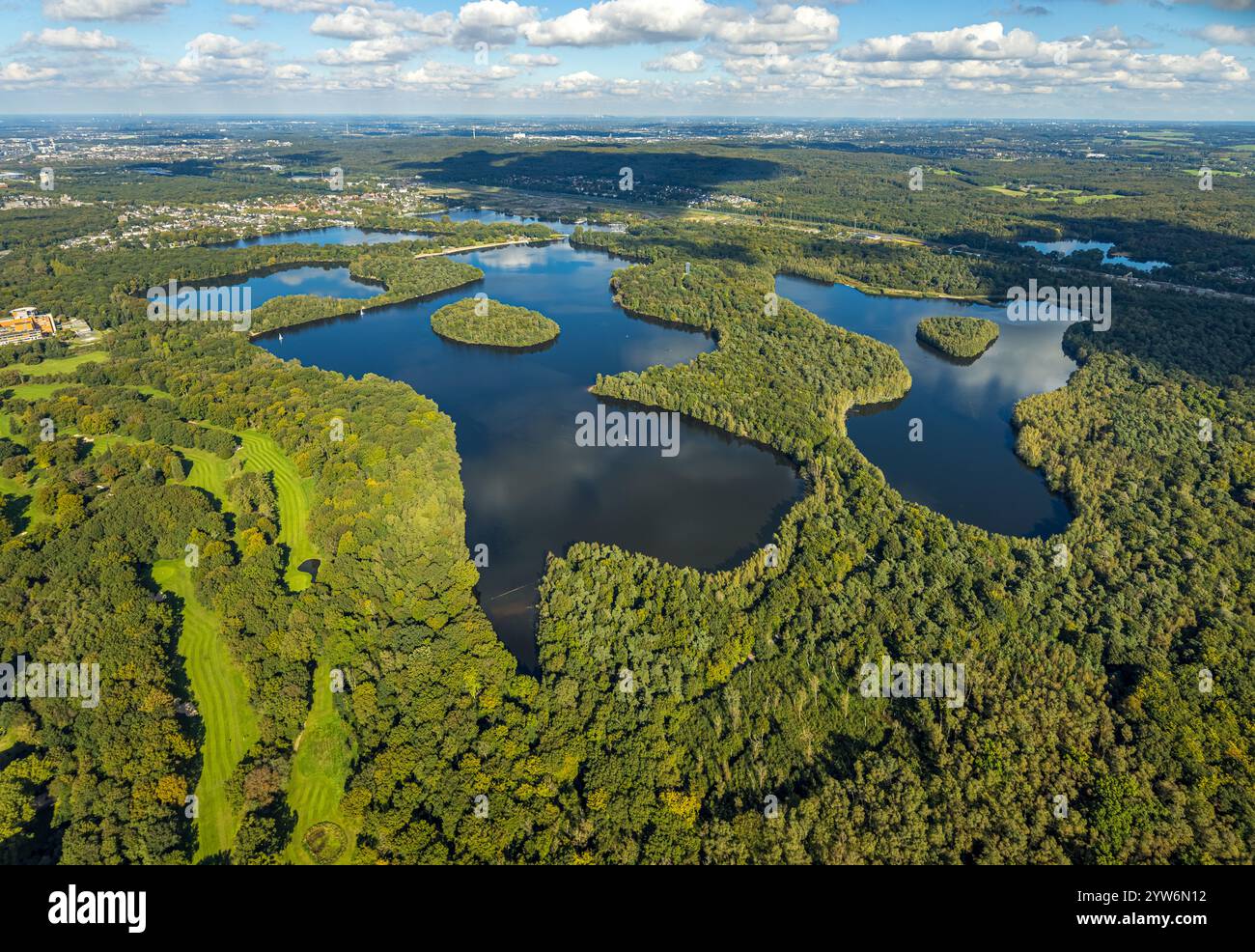 Aerial view, Sechs-Seen-Platte, forest and sailing boat, in the ...