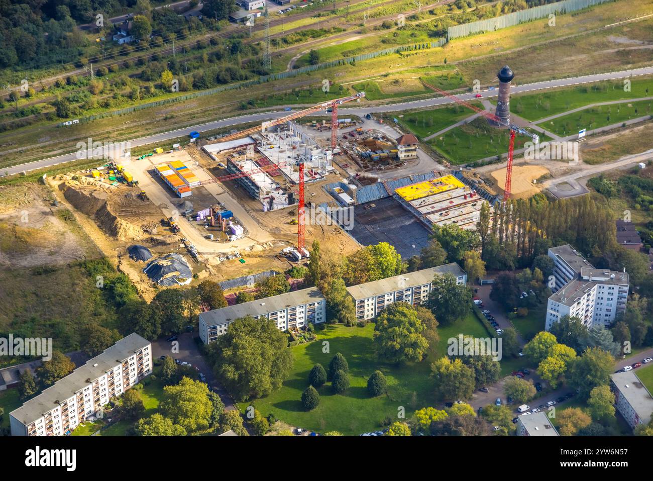 Aerial view, construction site with new building on Dirschauer Strasse residential area with ...