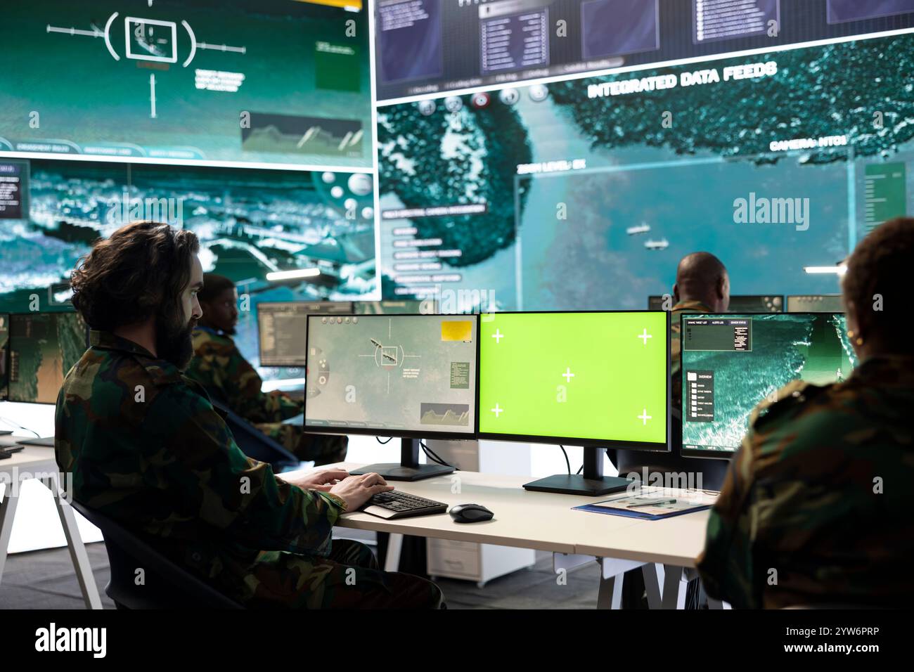 Army specialist operates on satellite radar surveillance and copy space ...