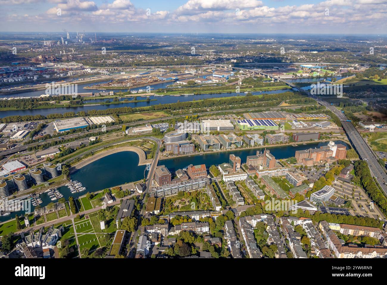 Aerial view, inner harbor wooden harbor The Curve with Five Boats ...