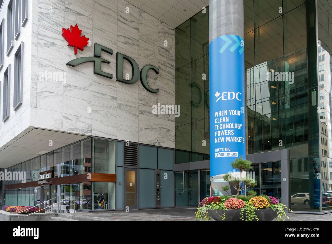 EDC sign is seen at the entrance to EDC headquarters in Ottawa, Ontario ...