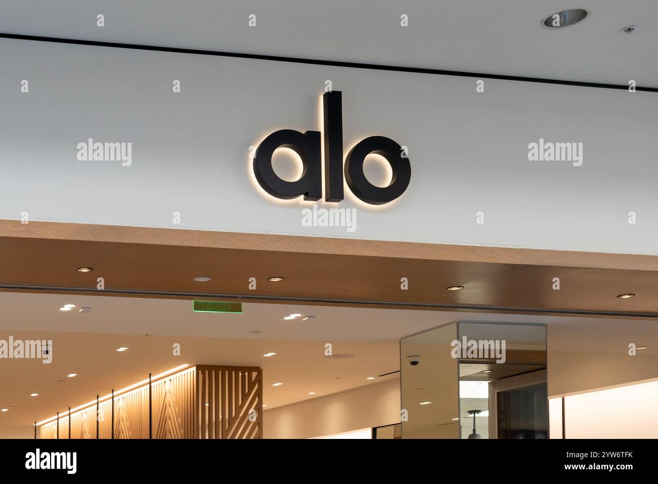 Close-up Alo store sign at their store in a shopping mall in Waikiki ...