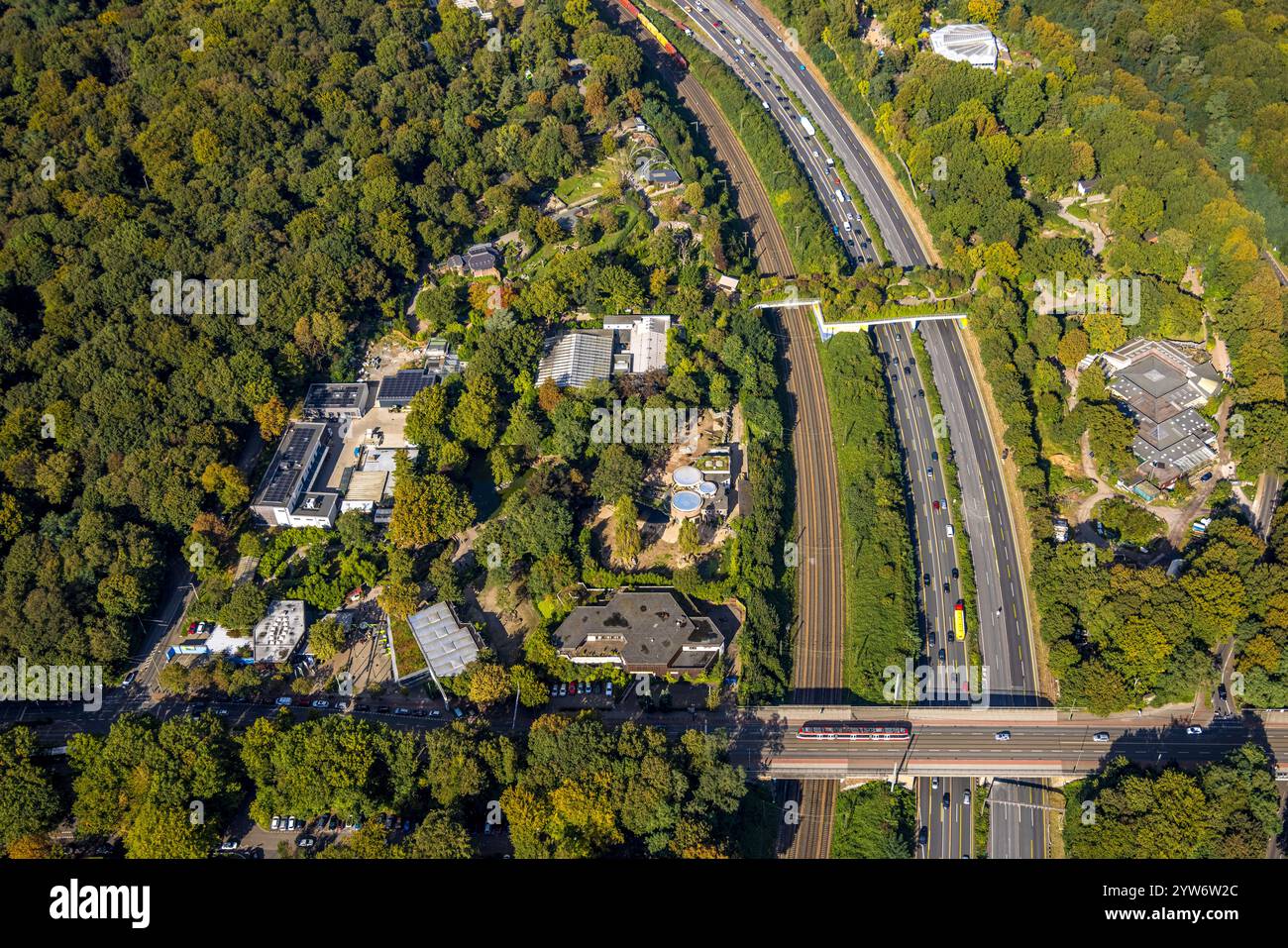 Aerial view, Duisburg Zoo in the Kaiserberg forest area, pedestrian ...