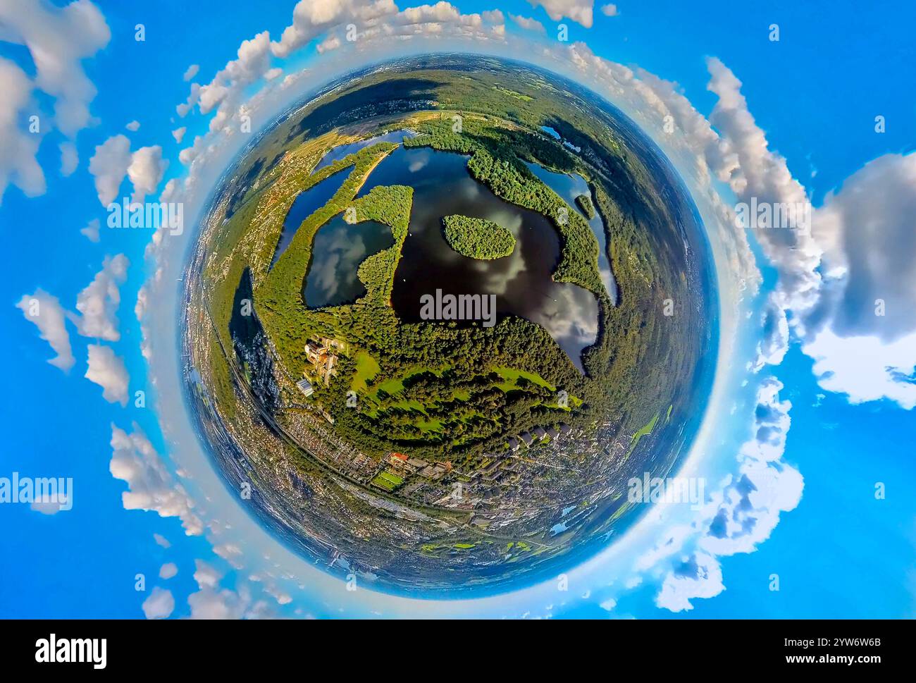 Aerial view, Sechs-Seen-Platte Wedau, forest and recreation area, earth ...
