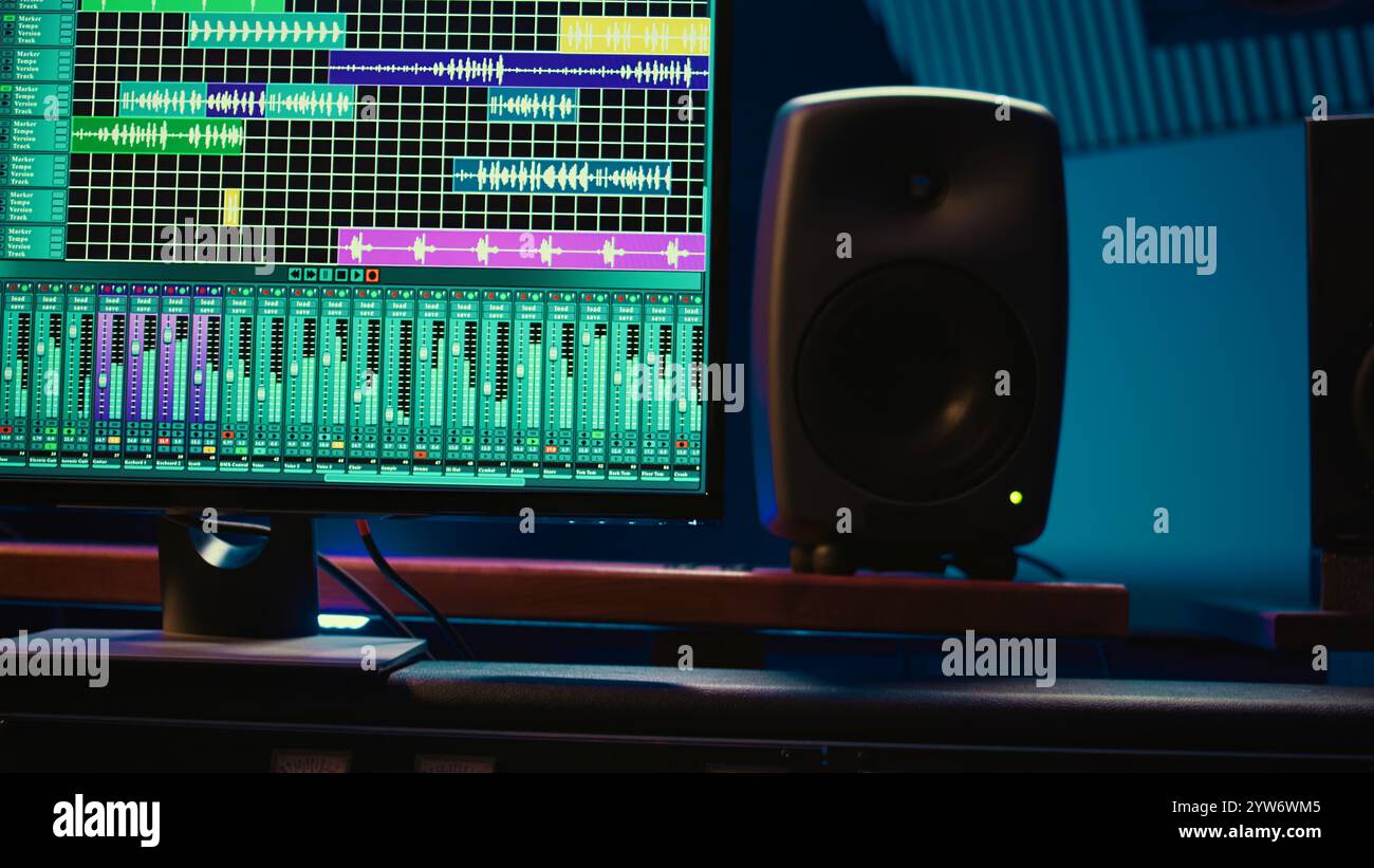 Professional studio control room with pre amp knobs and faders, key ...