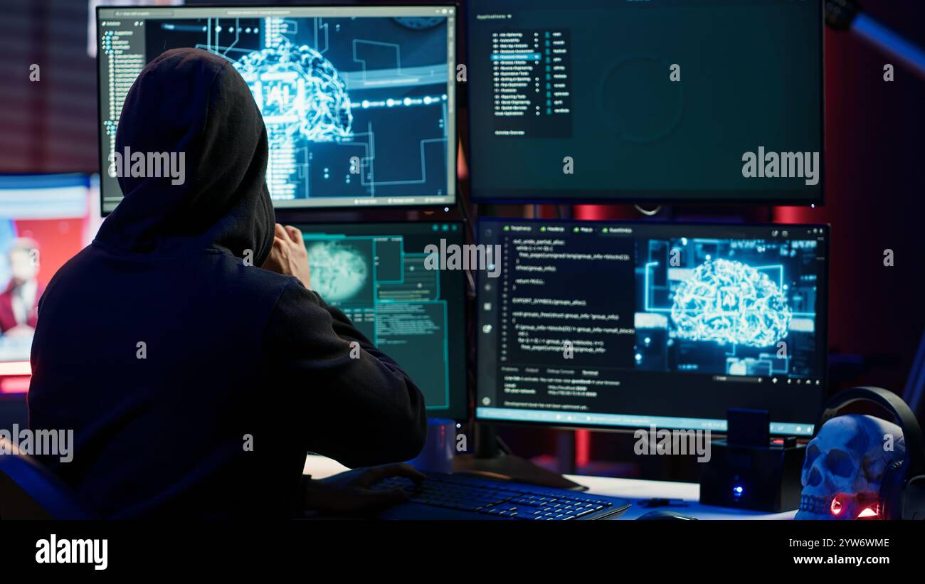 Evil cybercriminal using AI deep learning to produce virus corrupting data. Rogue programmer ...