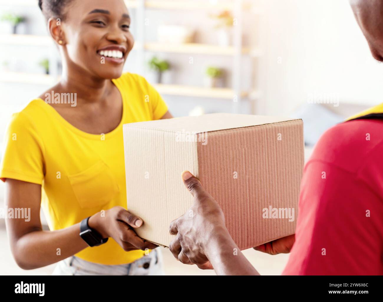 Delivery Guy Delivering Parcel Box To African Woman At Home Stock Photo ...