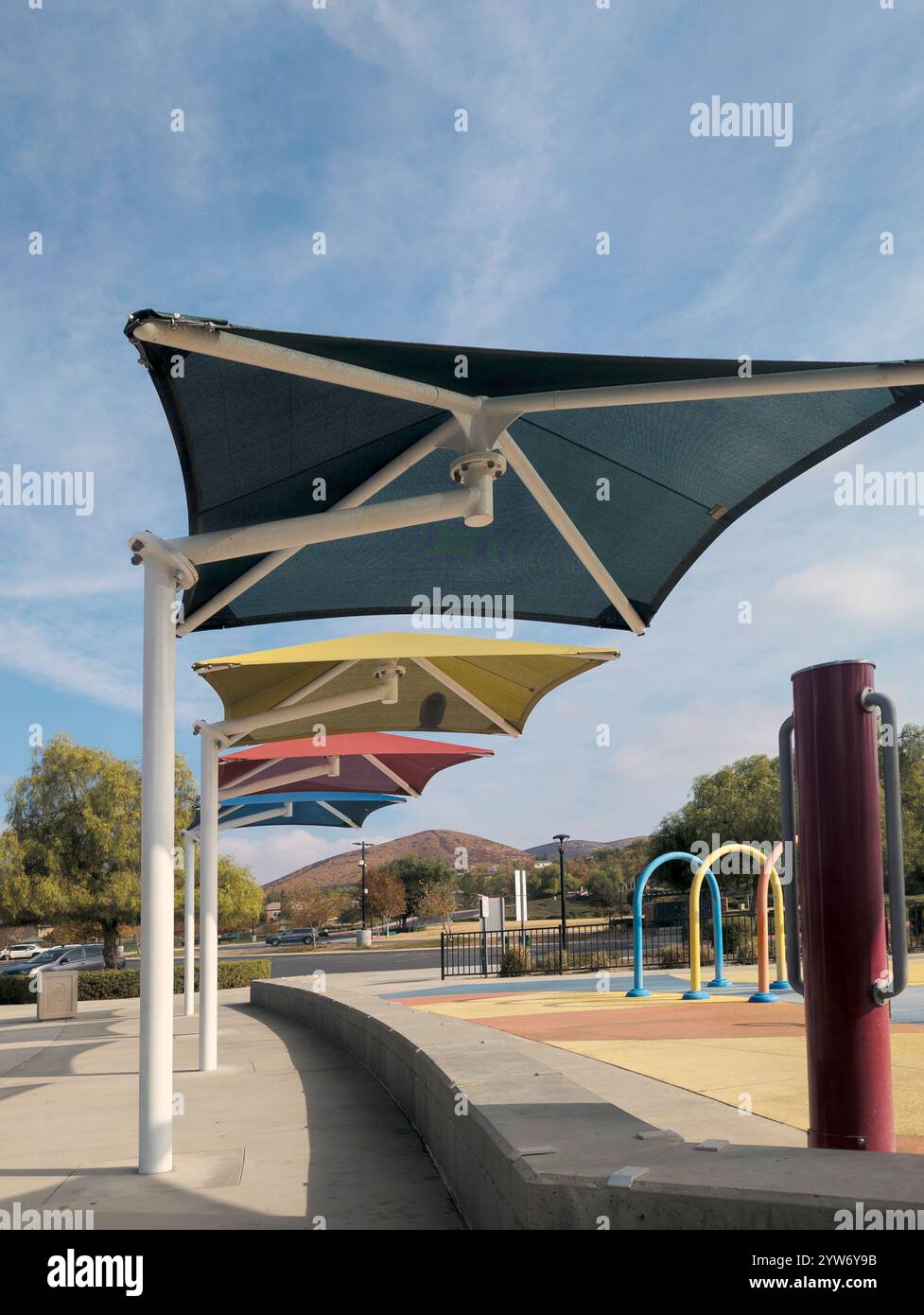 Sun shades at splash pad at a public park Stock Photo - Alamy