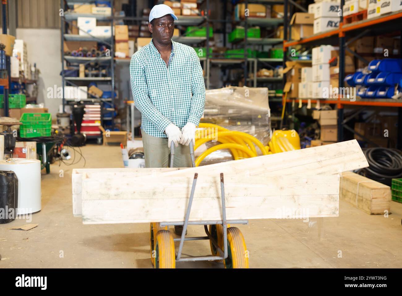 Positive african american man carrying trolley with wooden planter ...