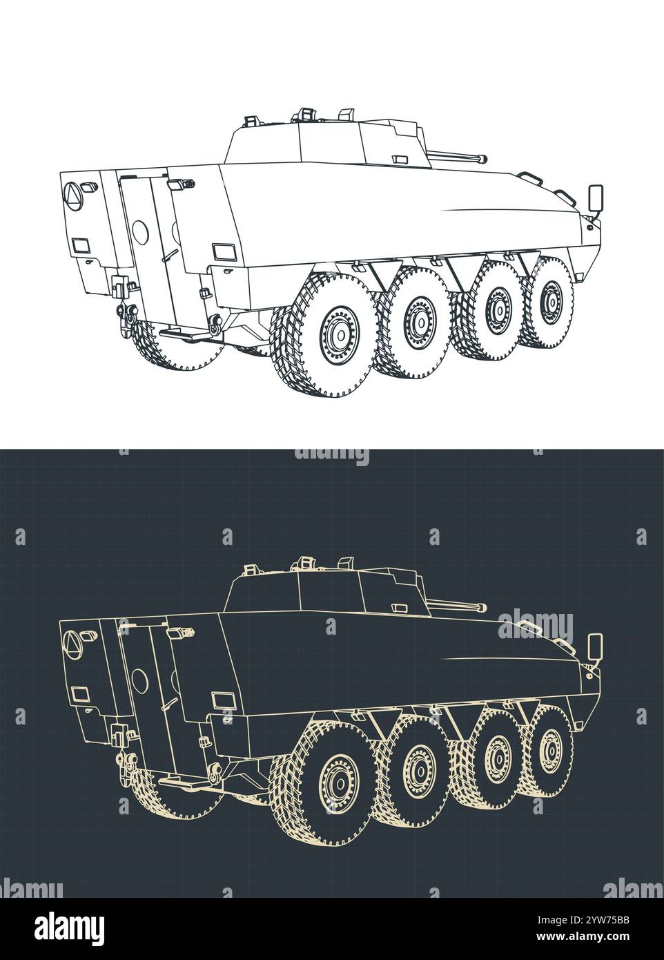 Stylized vector illustrations of infantry fighting vehicle blueprints ...