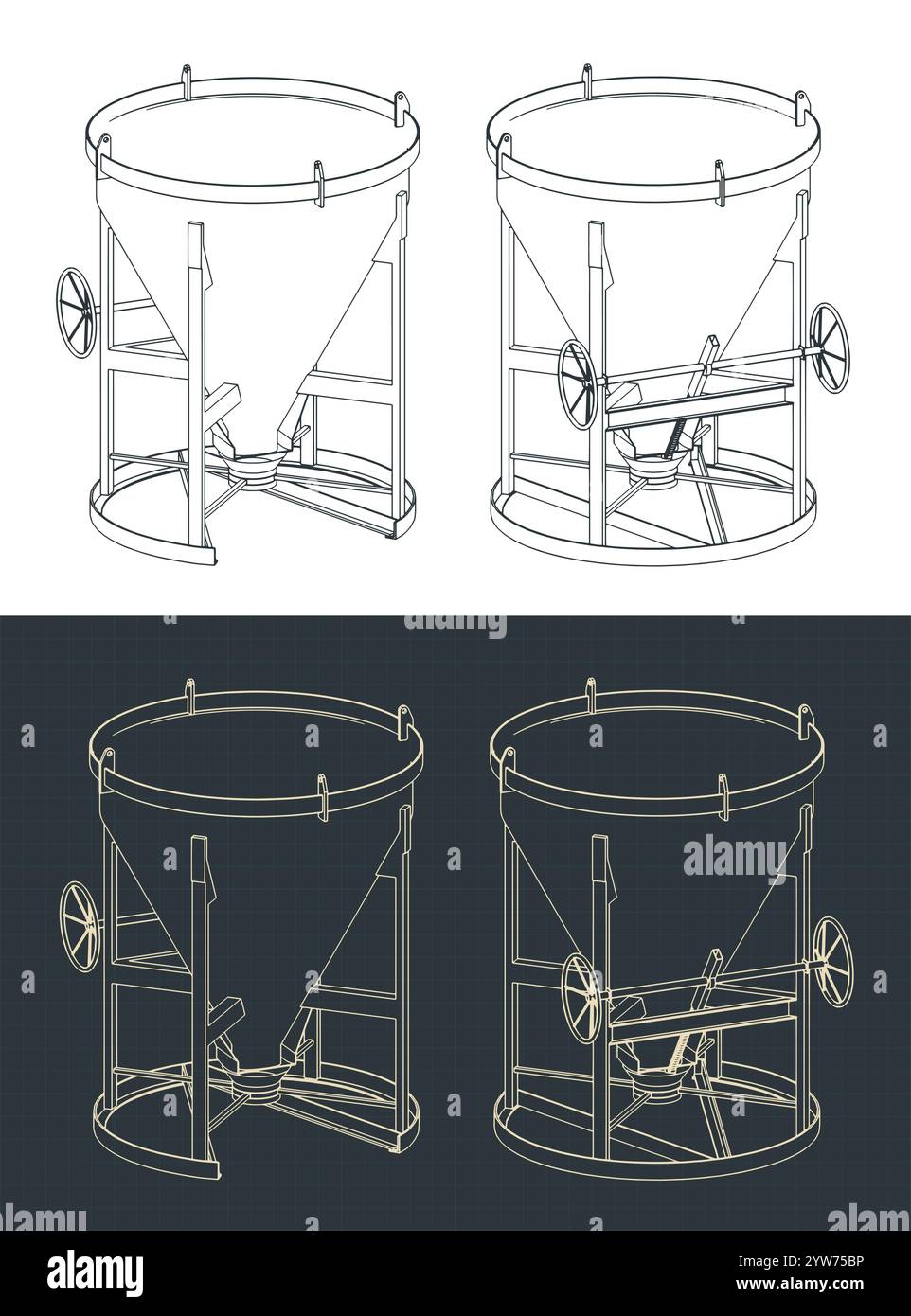 Stylized vector illustrations of a conical concrete bucket blueprints ...