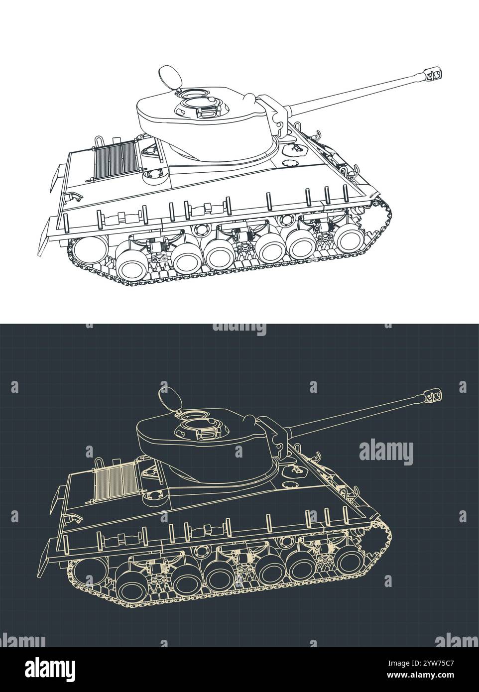 Stylized vector illustrations of a M4 Sherman tank blueprints Stock ...