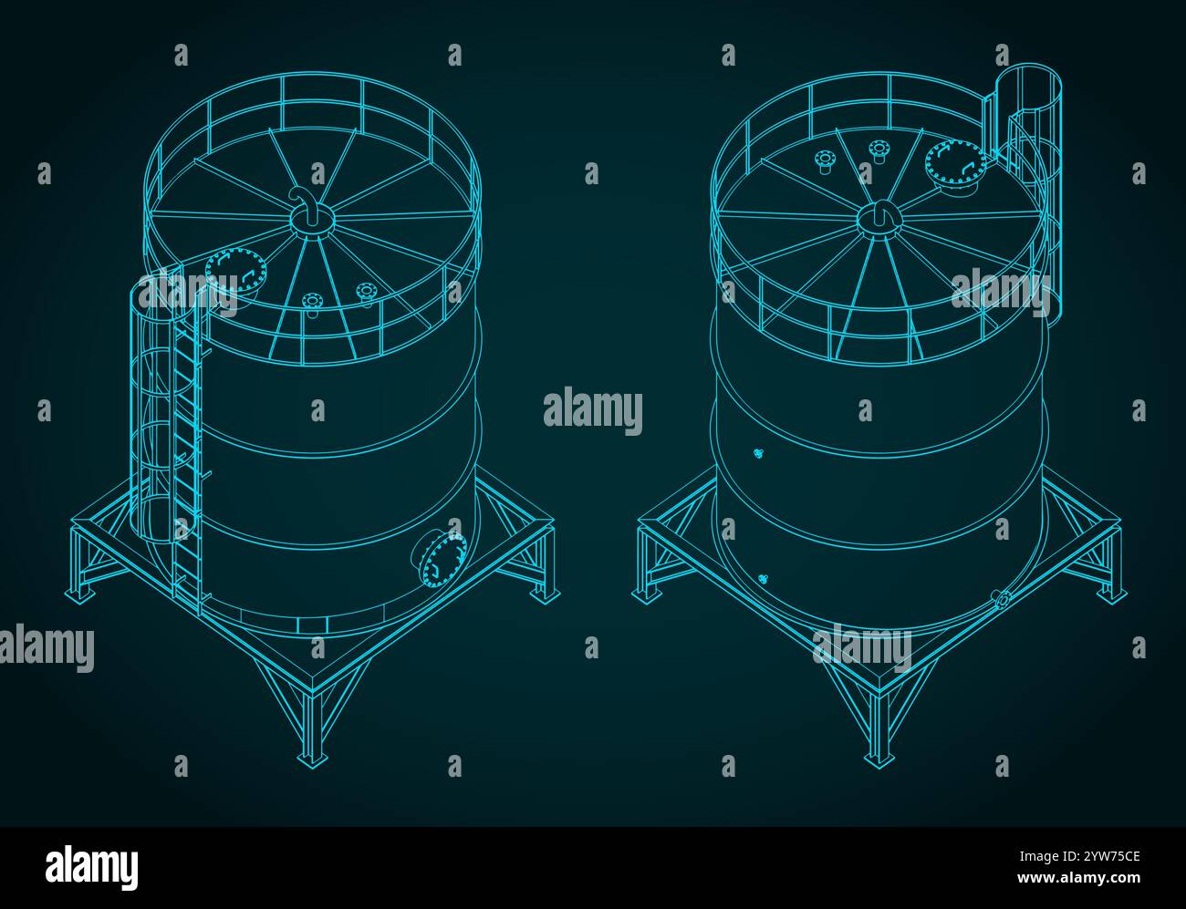 Stylized vector illustration of isometric blueprints of storage tank ...