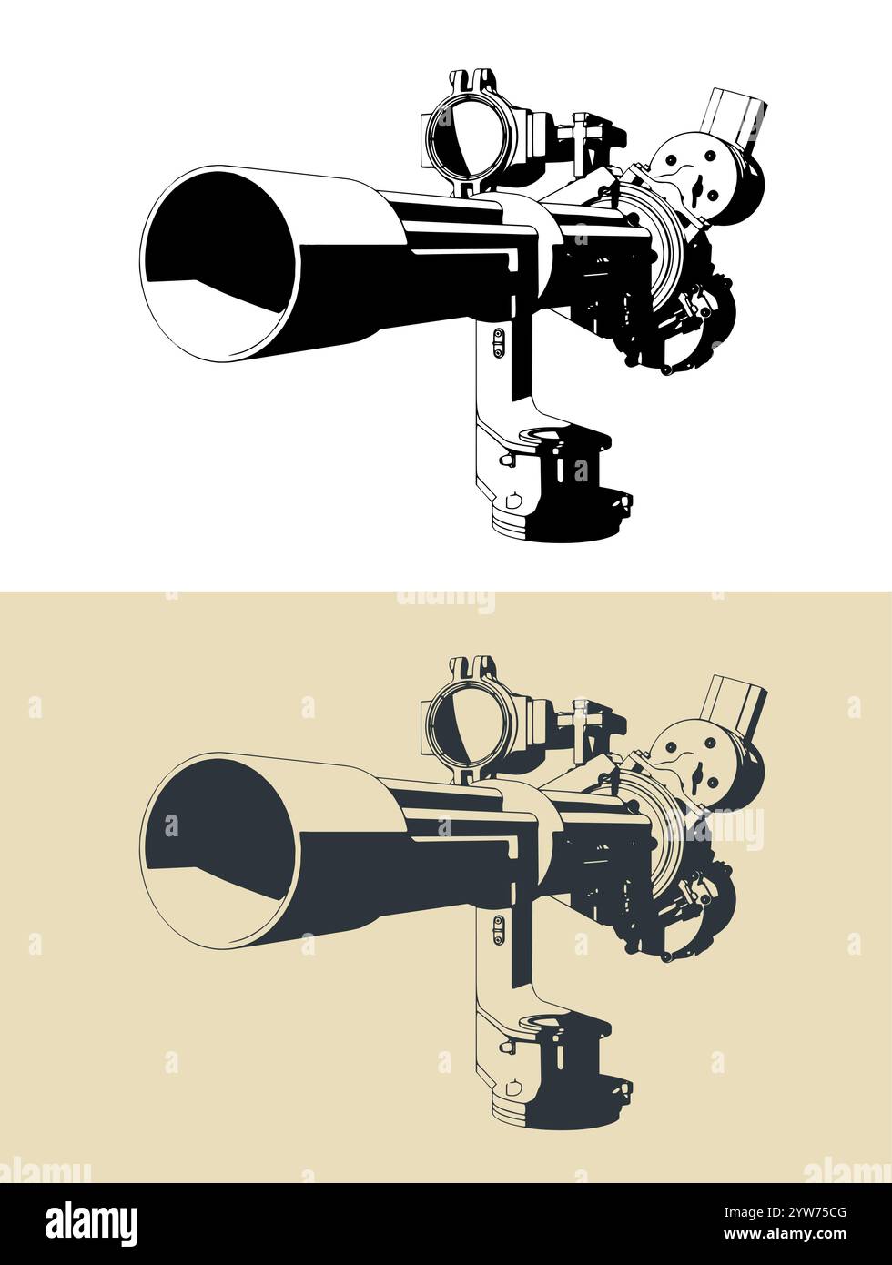 Stylized vector illustrations of automatic turret with six-barrel rotary machine gun Stock ...