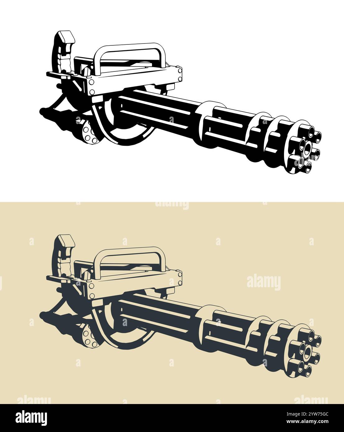 Stylized vector illustrations of automatic turret with six-barrel rotary machine gun Stock ...
