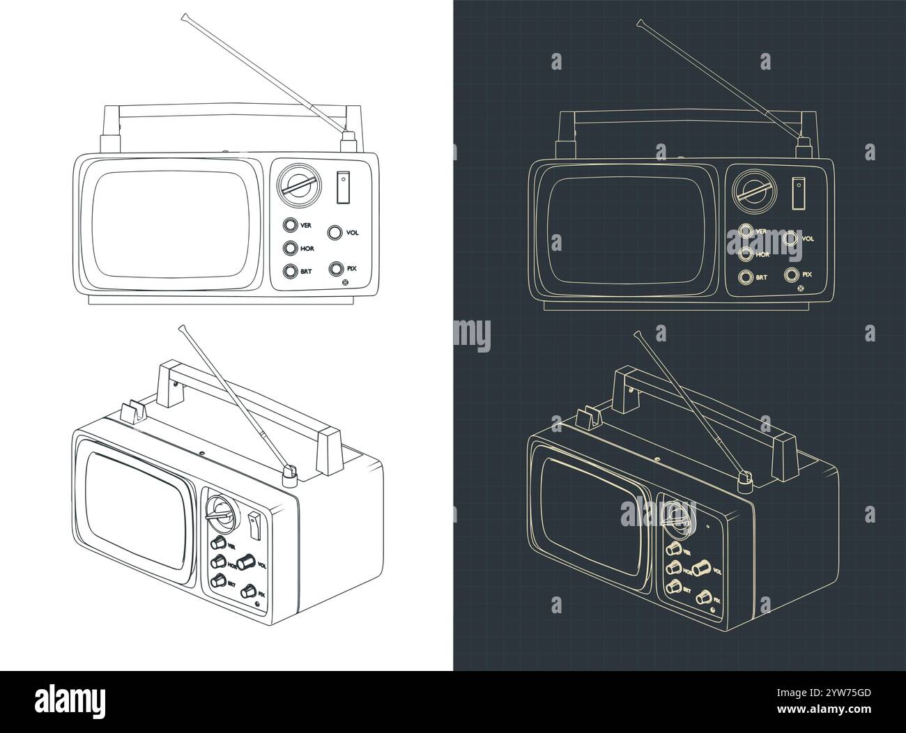 Stylized vector illustrations of vintage portable television blueprints ...
