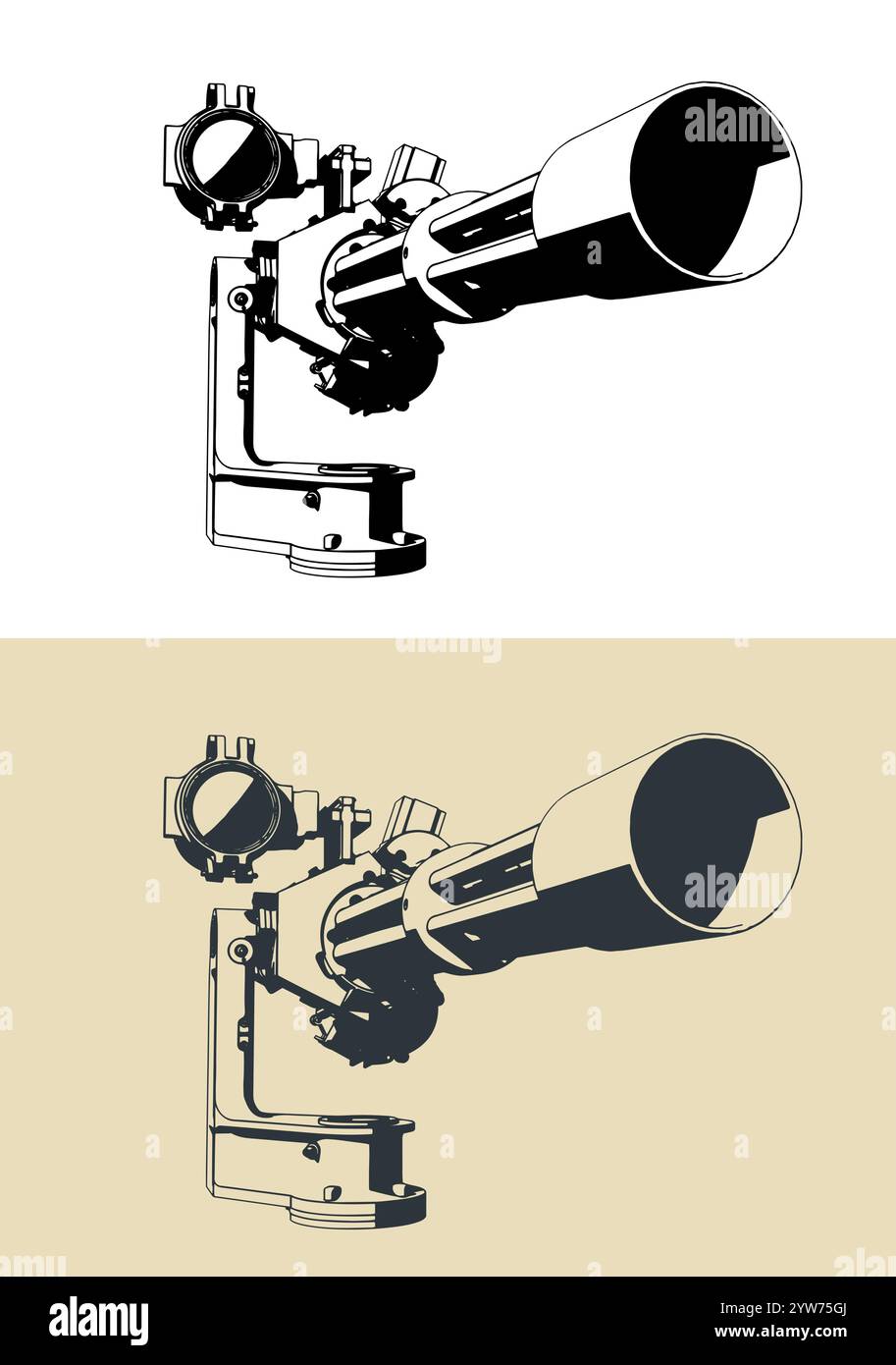 Stylized vector illustrations of automatic turret with six-barrel rotary machine gun Stock ...