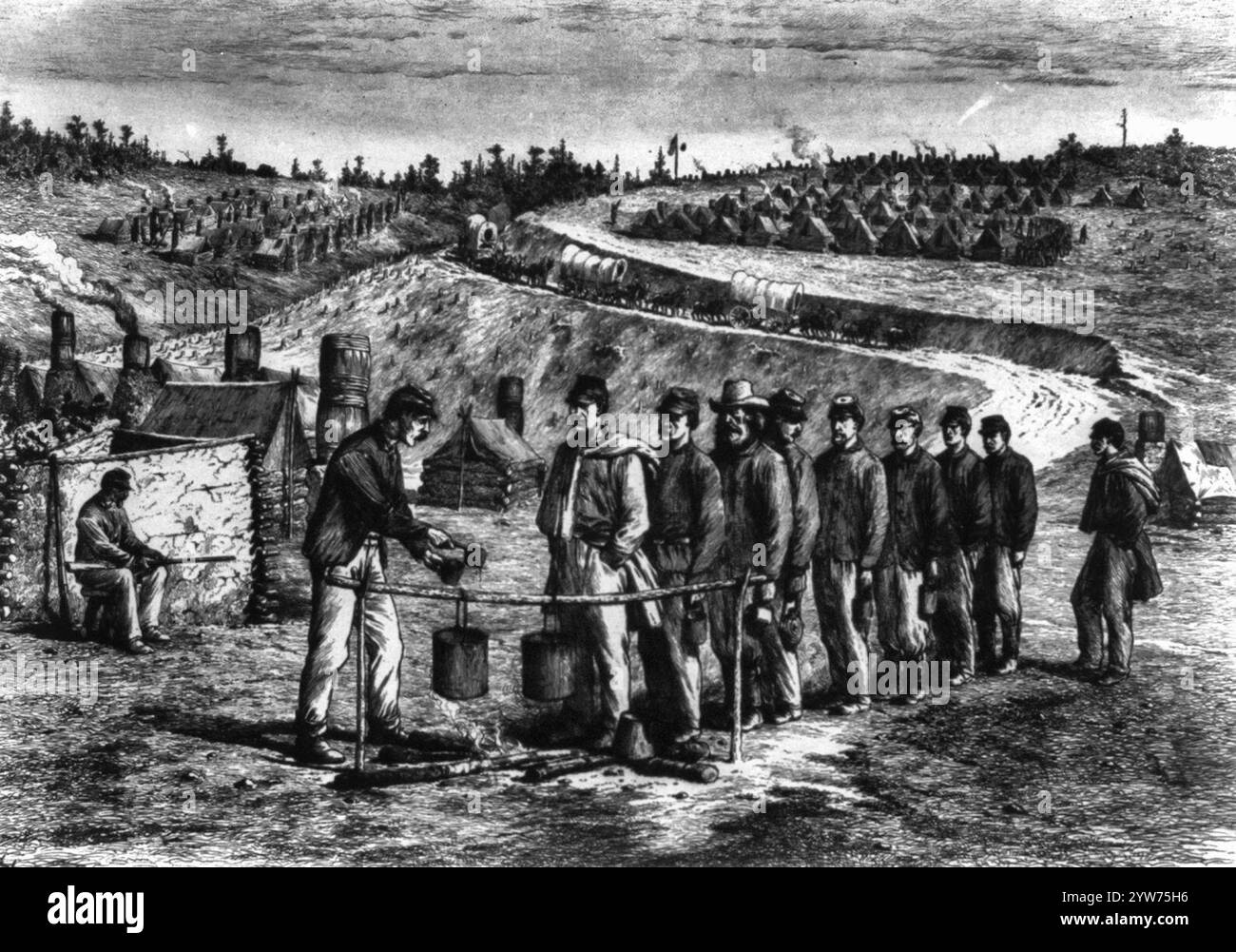 Fall in for soup - Food line in the American Civil War Stock Photo - Alamy