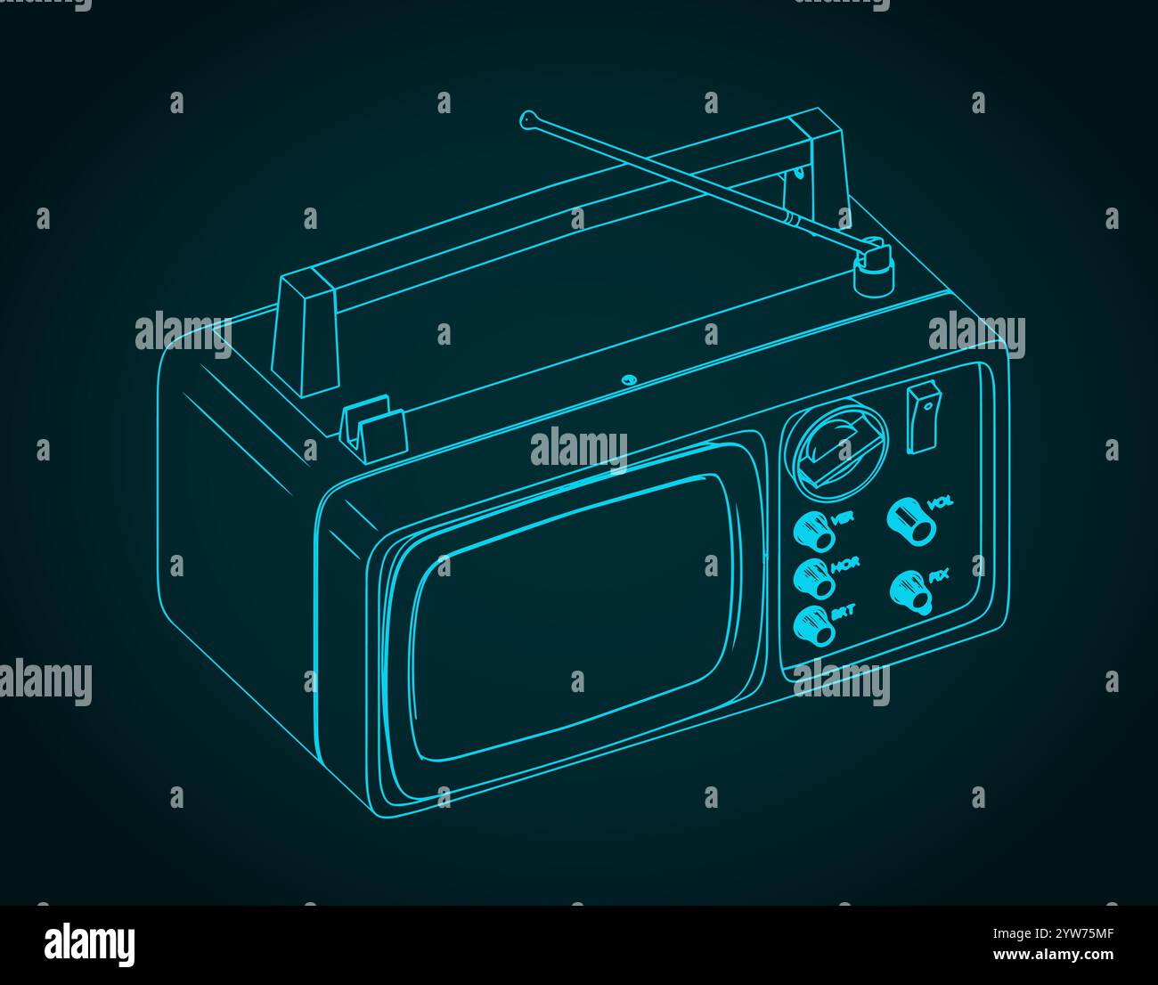 Stylized vector illustration of vintage portable television blueprint ...