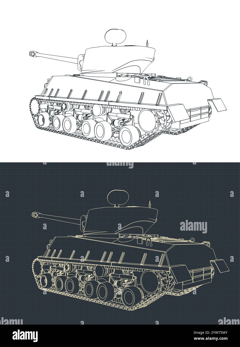 Stylized vector illustrations of a M4 Sherman tank blueprints Stock ...