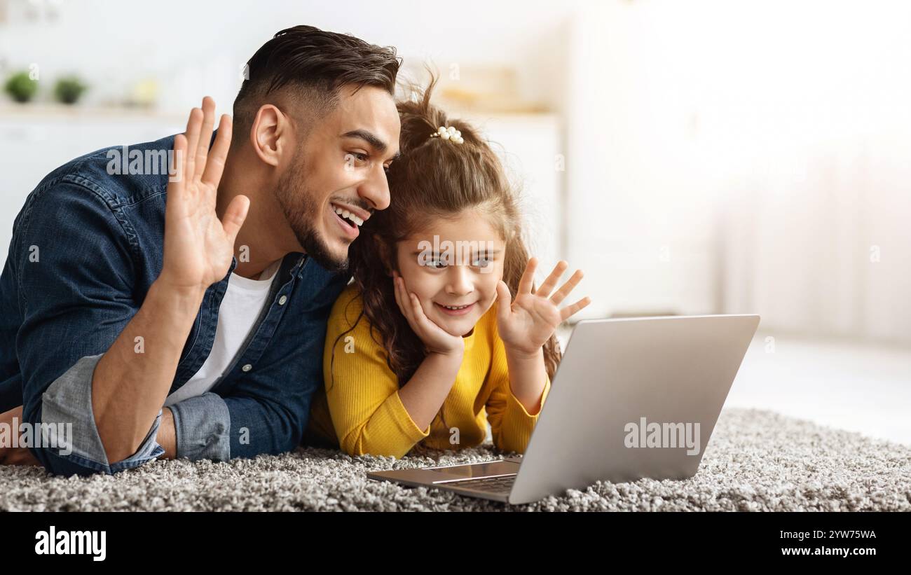 Happy Middle Eastern Father And Female Kid Making Video Call With ...