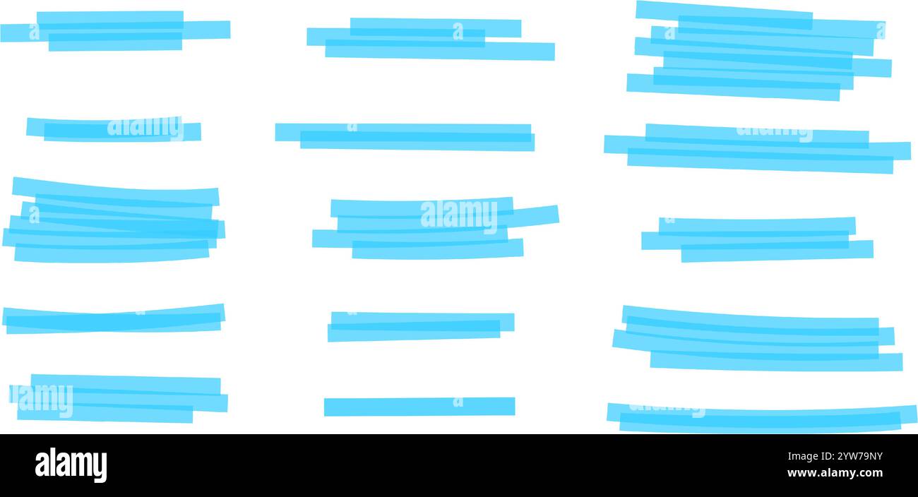 Set of blue highlight marker lines. Various transparent hand-drawn pen ...