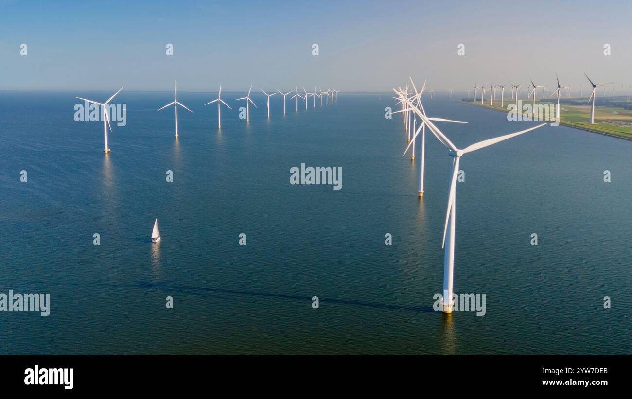 Windmill turbines generating electric green energy with a blue sky ...