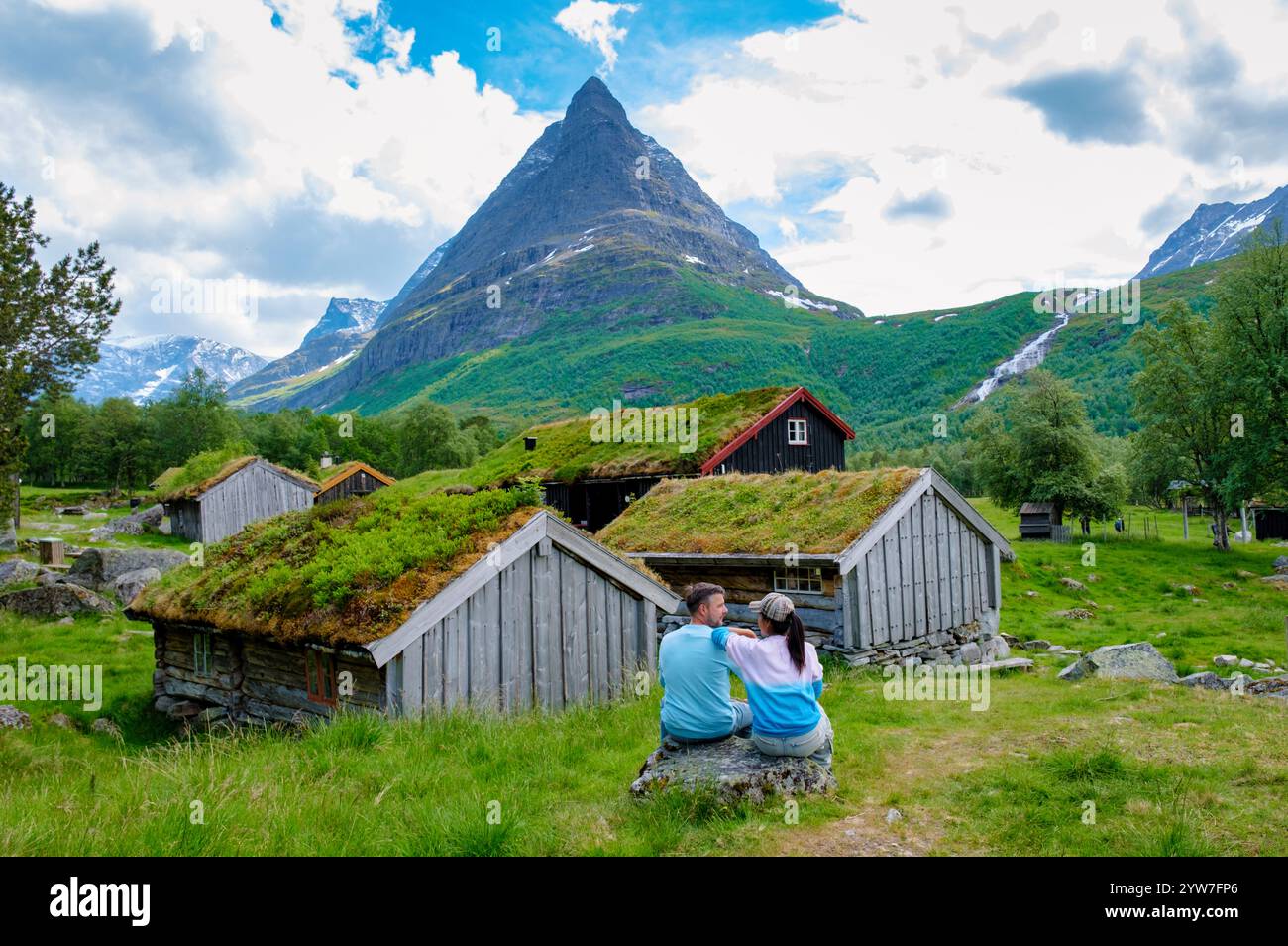 A cluster of traditional Norwegian houses with lush, green roofs ...