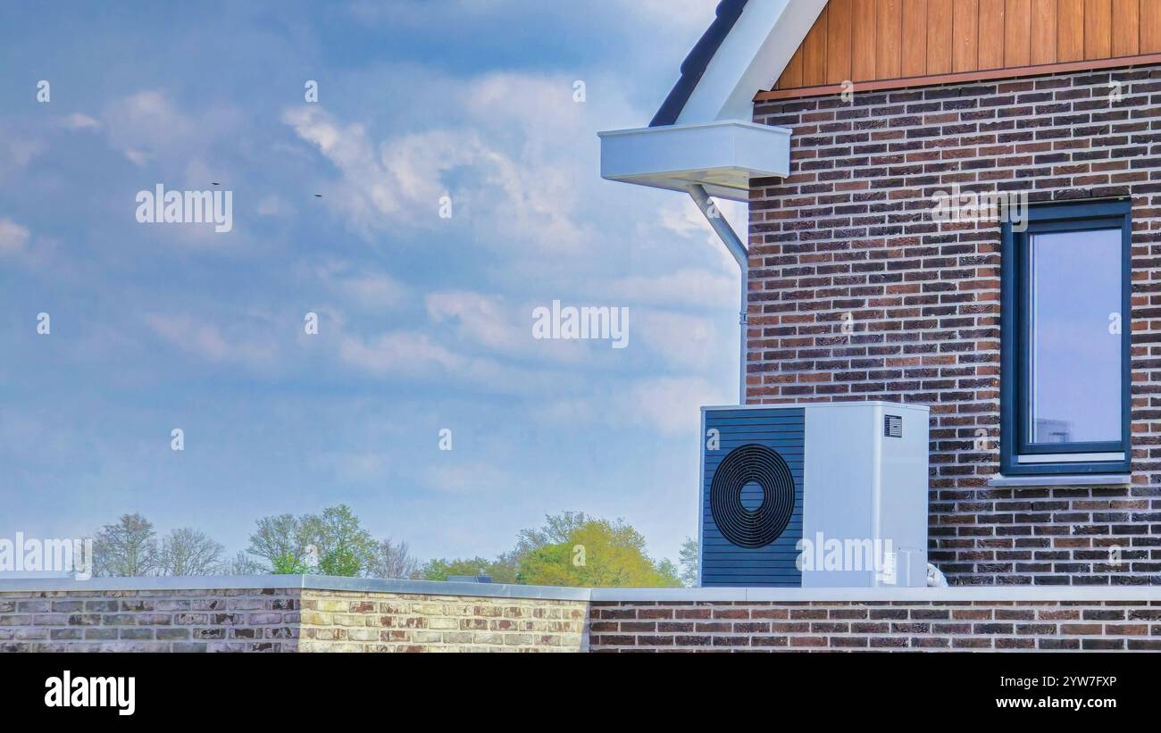 air source heat pump unit installed outdoors at a new home in the ...