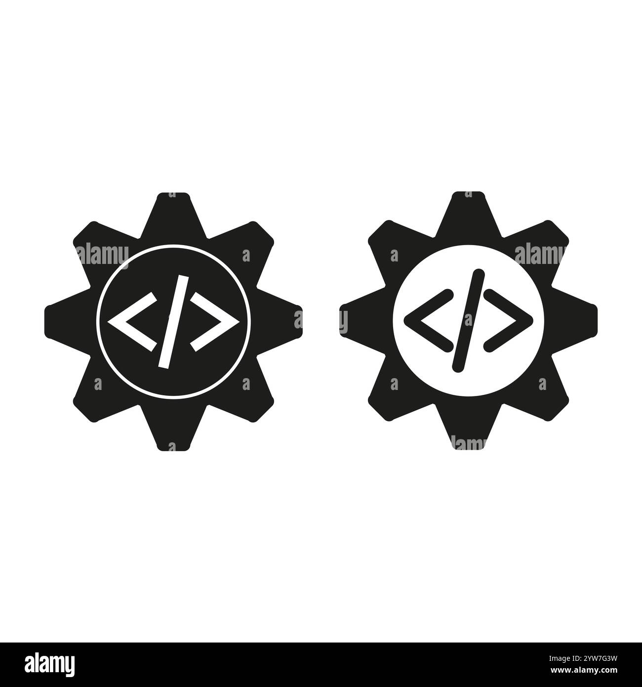 Code gear icon. Software settings symbol. Programming cogwheel vector. Black and white design ...
