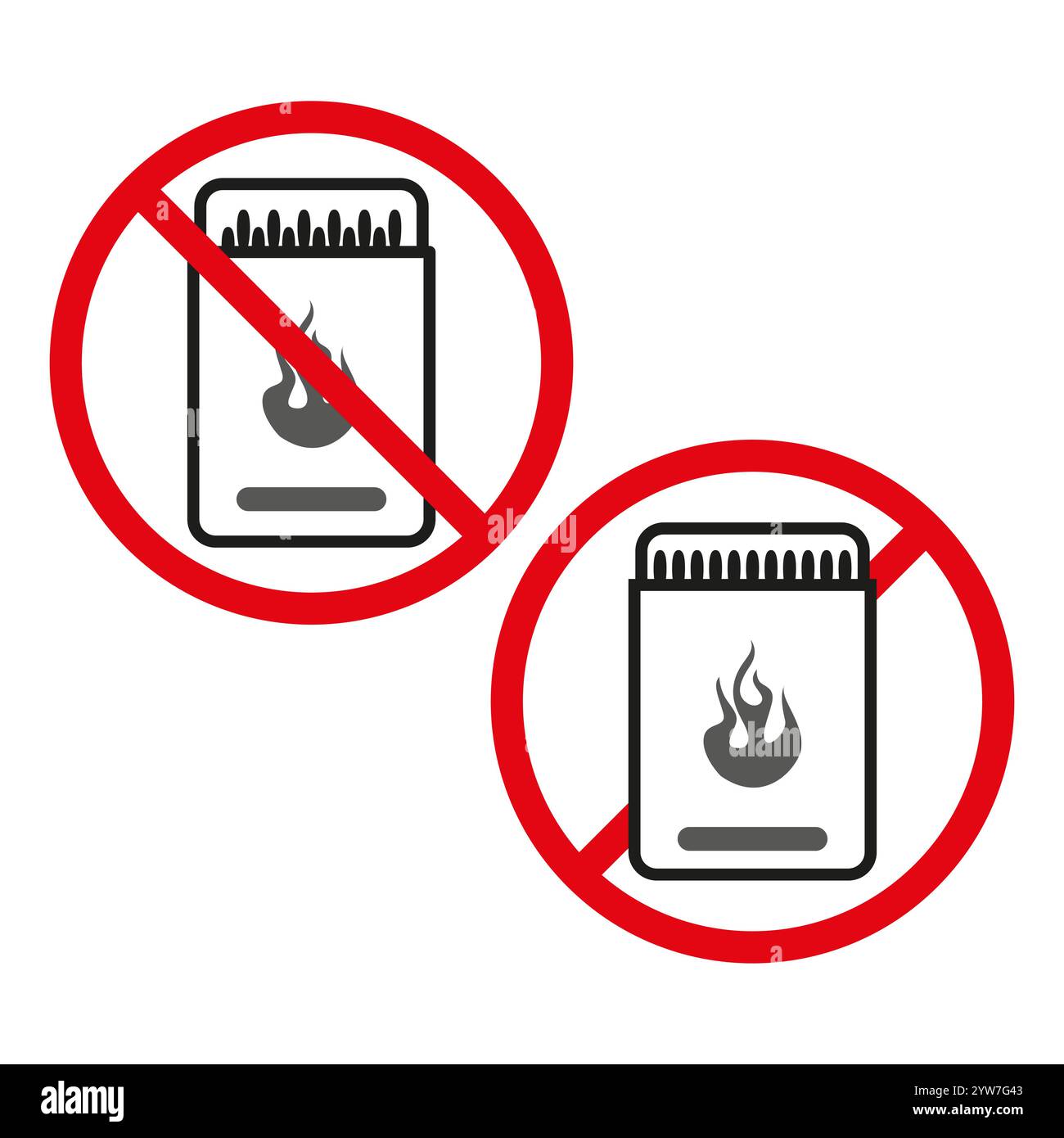 No matches allowed icon. Red prohibition sign. Fire symbol with matches ...