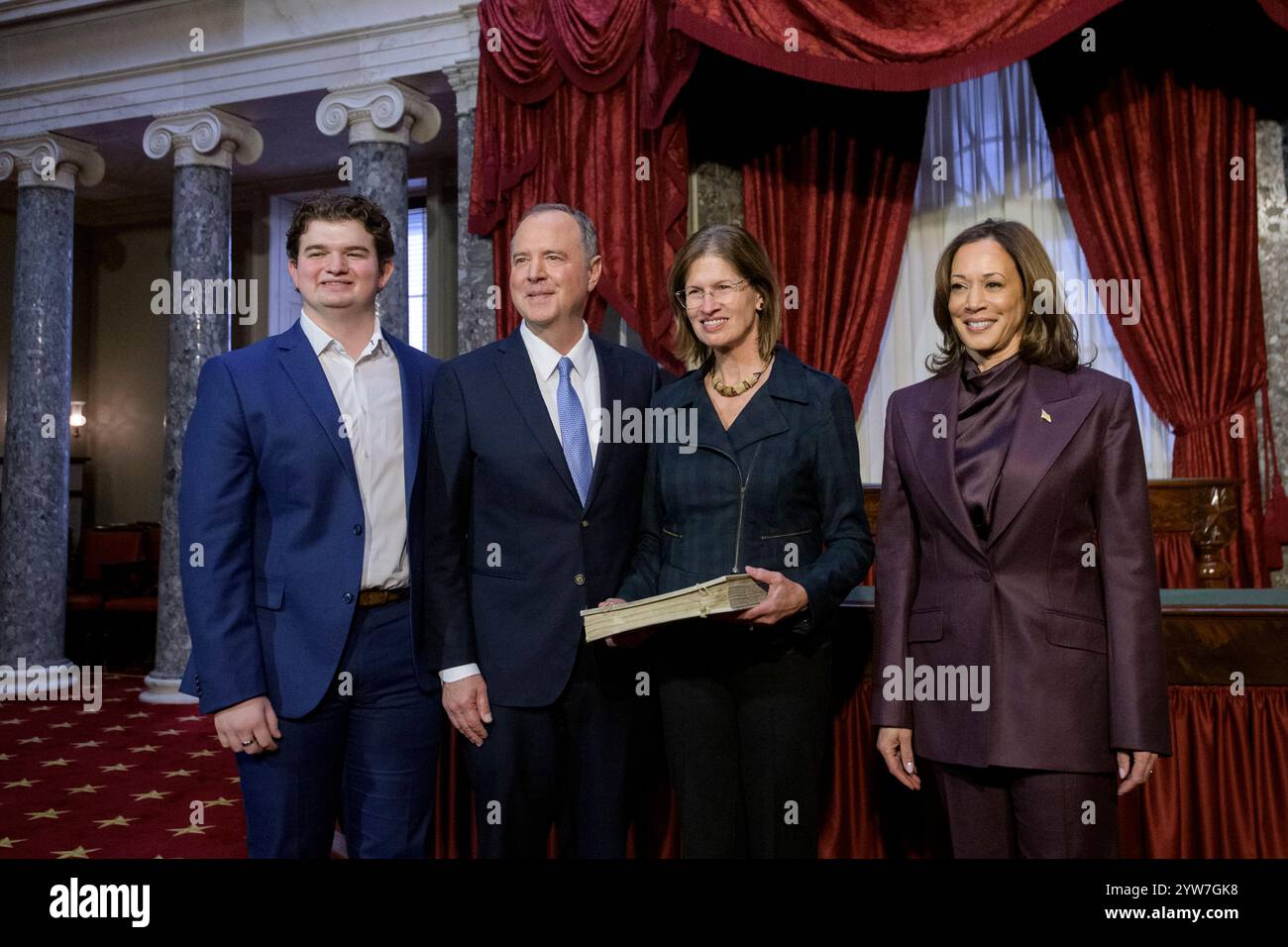 Vice President Kamala Harris, right, poses with Sen. Adam Schiff, D ...