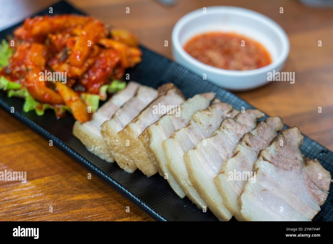 Korean food, steamed pork and vegetables dish called BoSsam ...