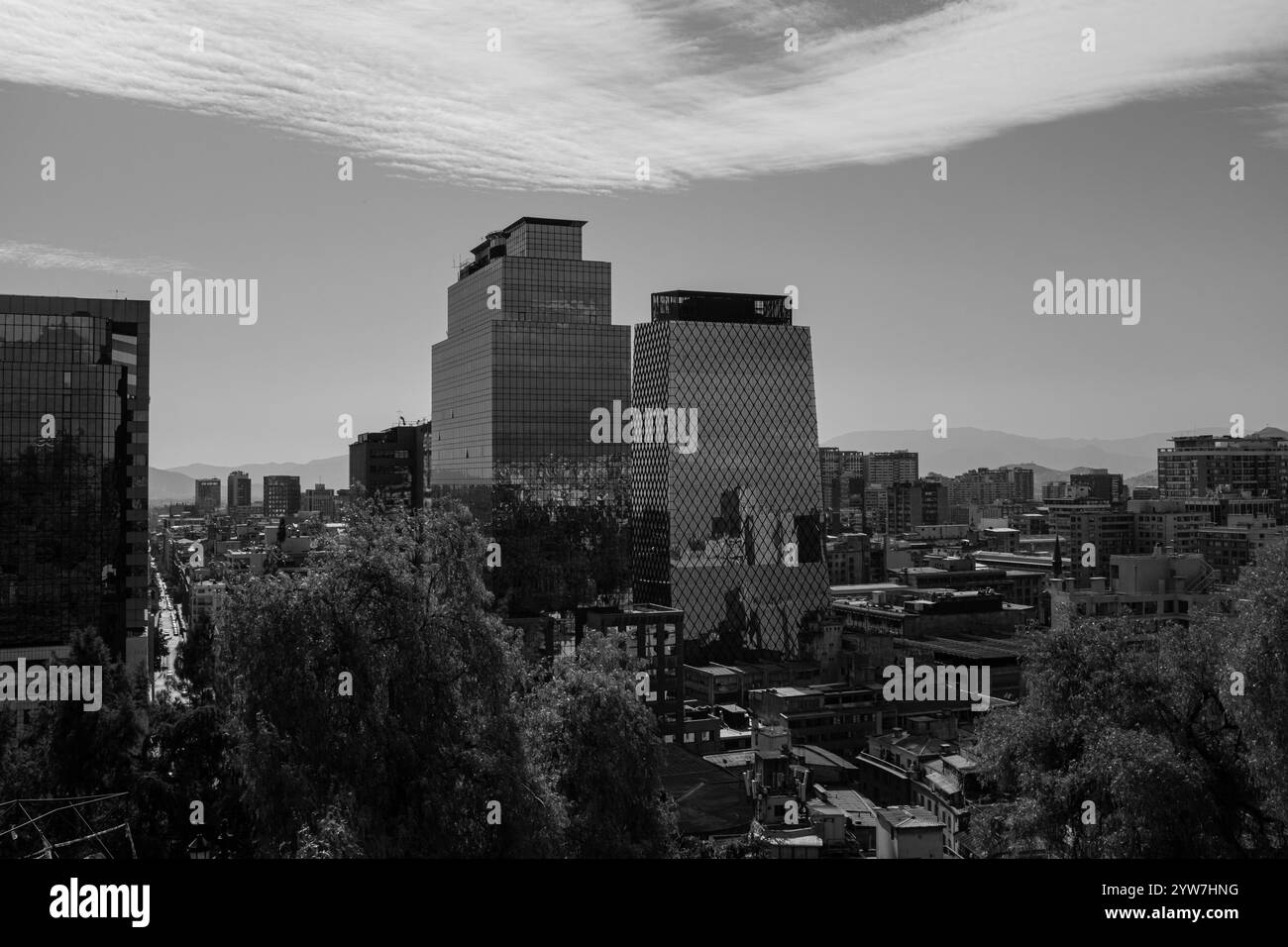 Santiago de Chile, black and white cityscape of modern glass buildings ...